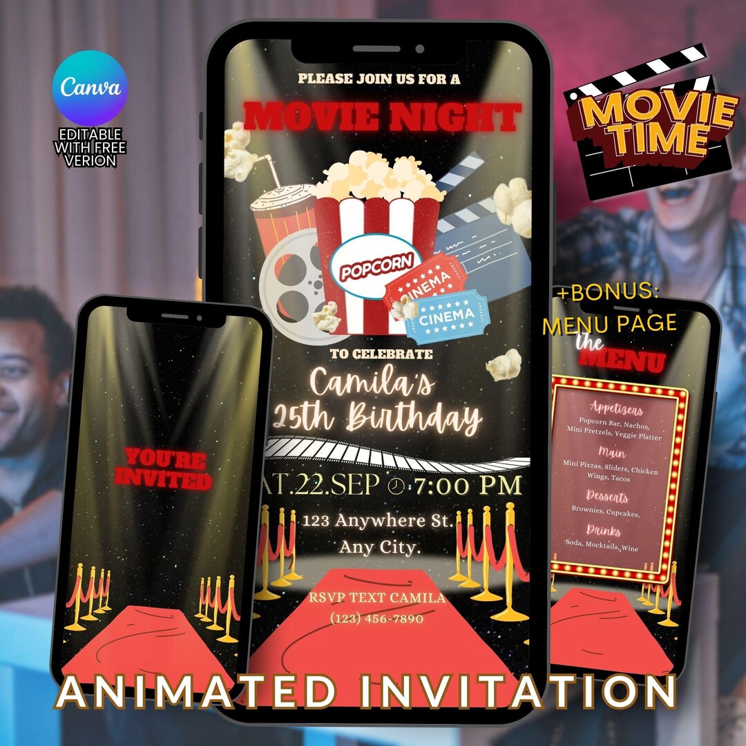 Premium Red Carpet Birthday Movie Night Animated Invitation Chillout ...