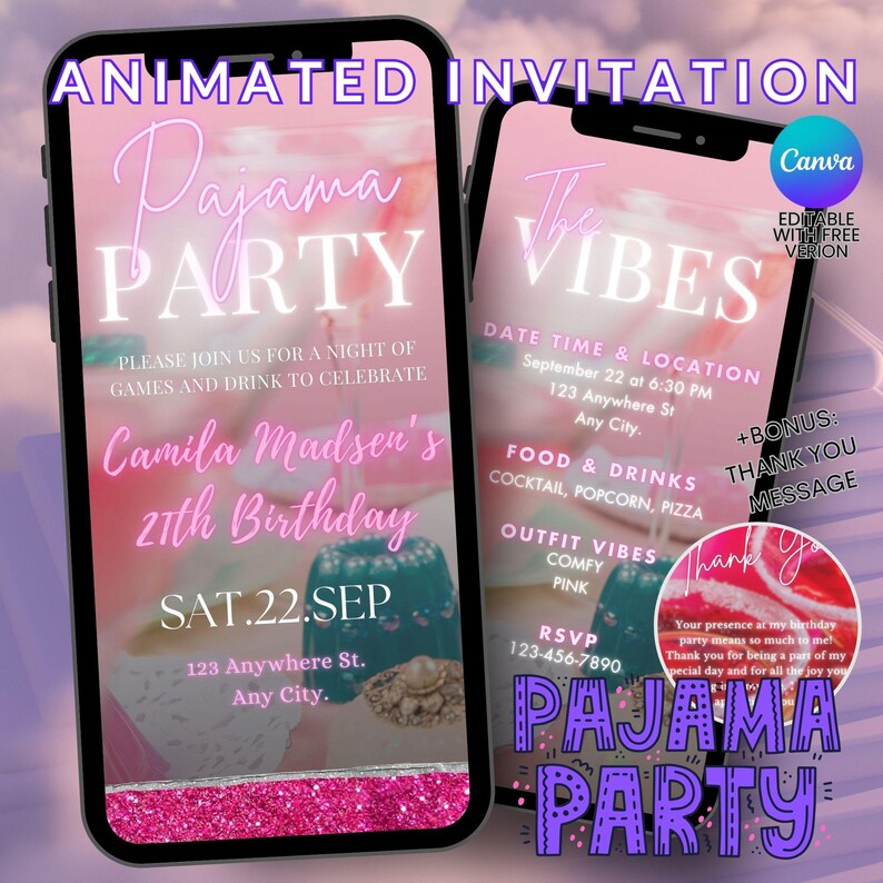 Pajama Party Animated Invitation Sleepover Party Modern Evite Editable ...