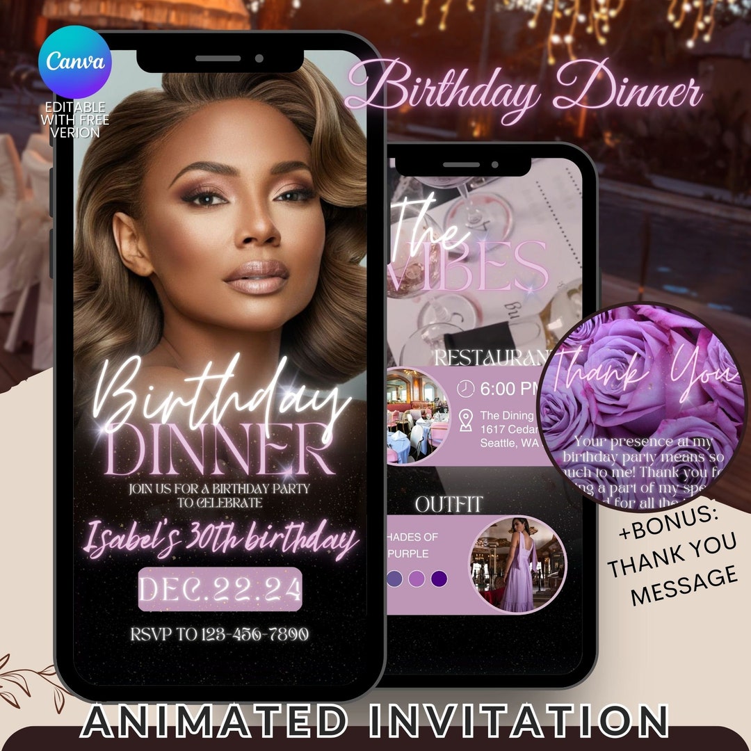 Animated Purple Glam Birthday Dinner Celebrate Digital Invitation ...