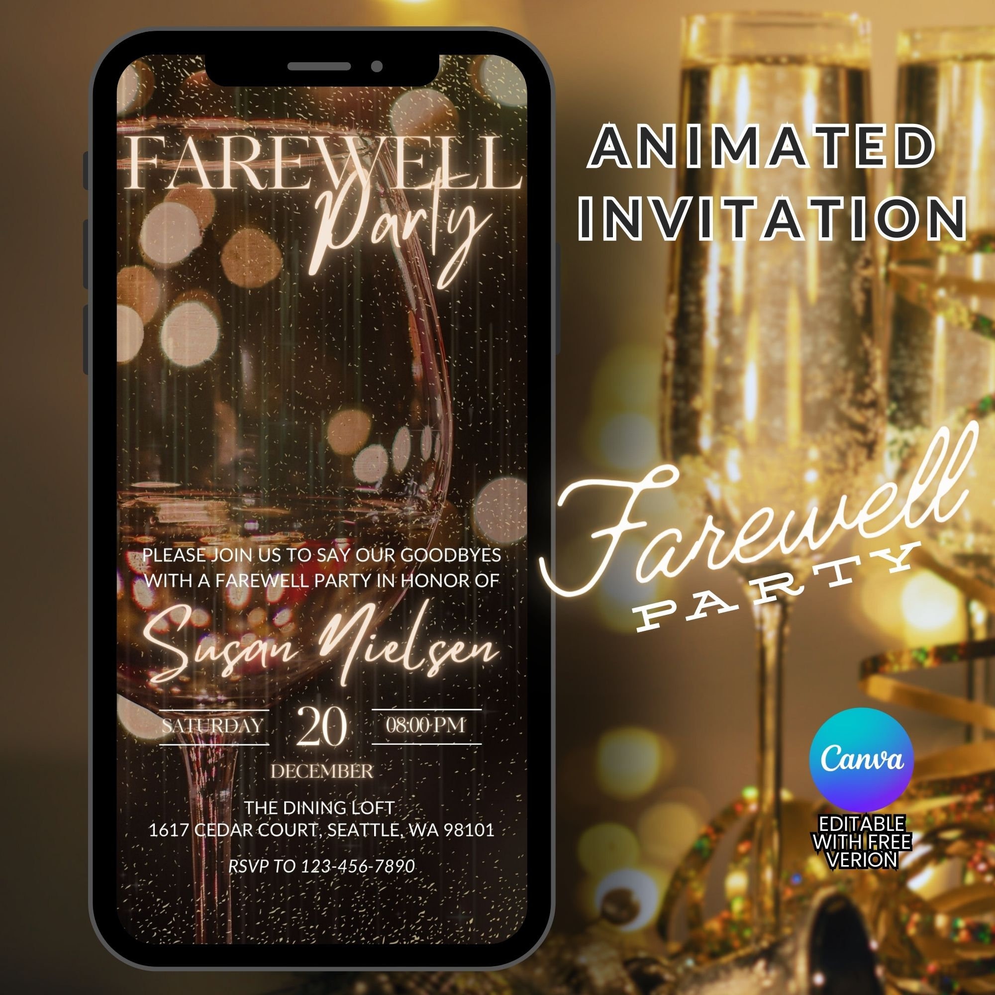 Gold Champagne Animated Farewell Party Invitation (digital Template) - Etsy
