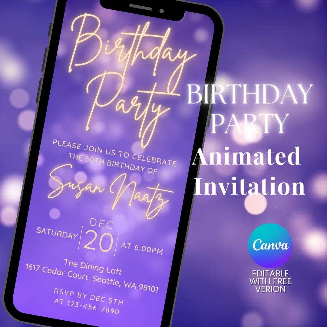 Video Purple Birthday Party Celebrate Digital Invitation Template ...