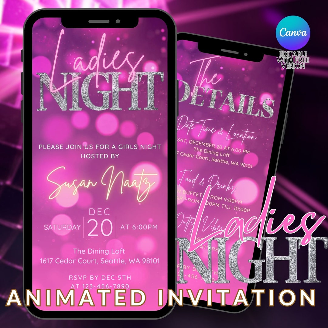 Pink Ladies Night Out Animated Digital Invitation Template Editable ...