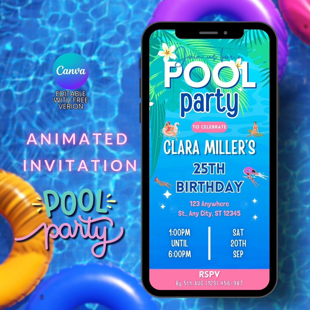 Pool Party Animated Birthday Celebrate Digital Invitation Template ...