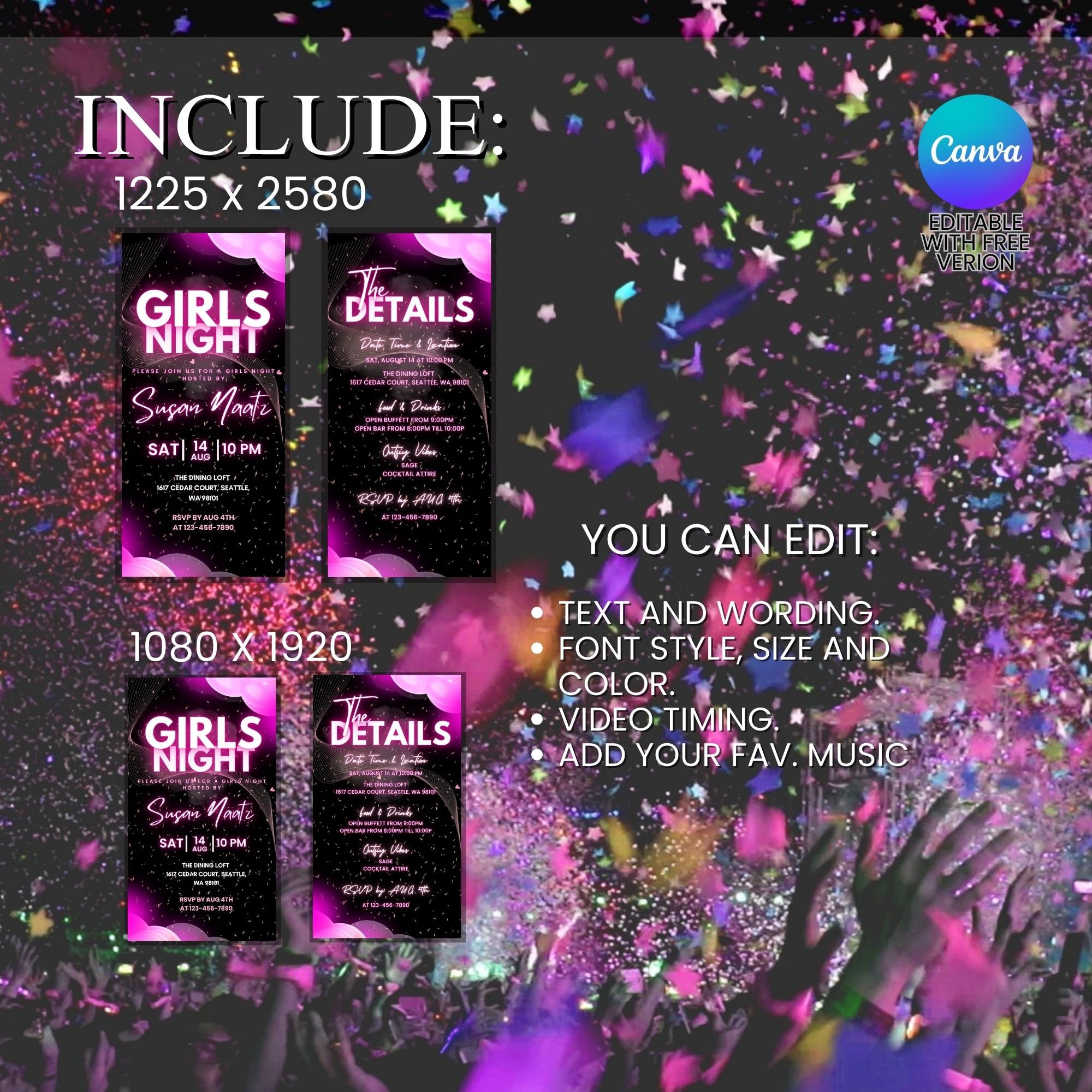 Pink&black Girls Night Out Animated Digital Invitation Template ...