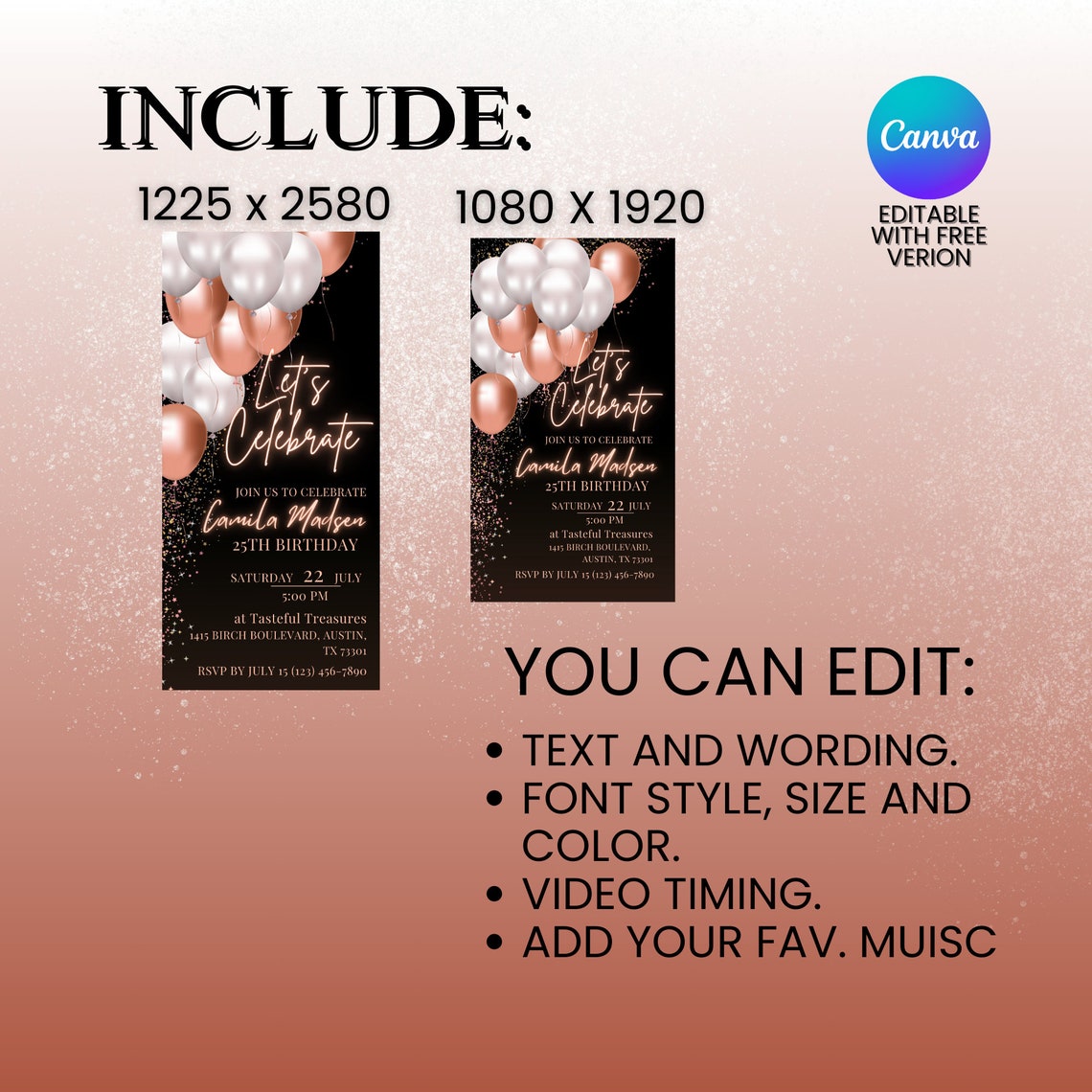 Rose Gold Digital Celebrate Birthday Dinner Invitation Template ...