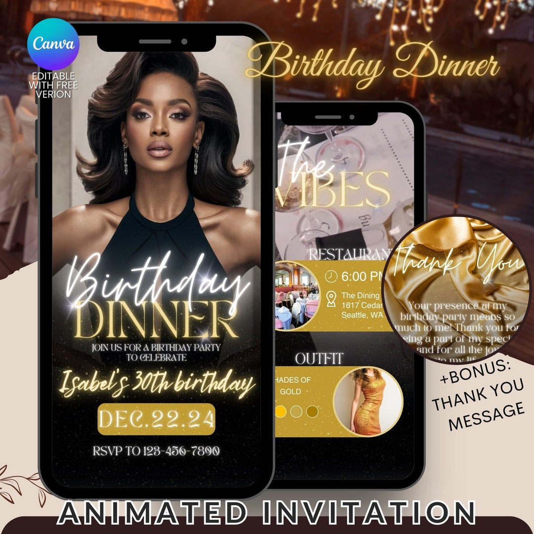 Animated Gold Glam Birthday Dinner Celebrate Digital Invitation ...