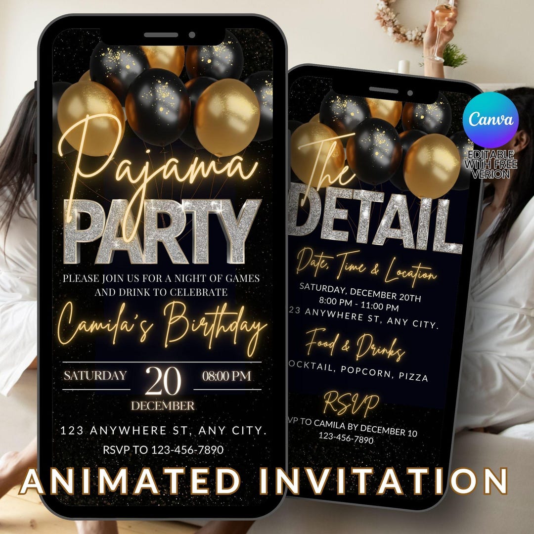 Black Gold Pajama Party Animated Invitation Sleepover Party Evite ...