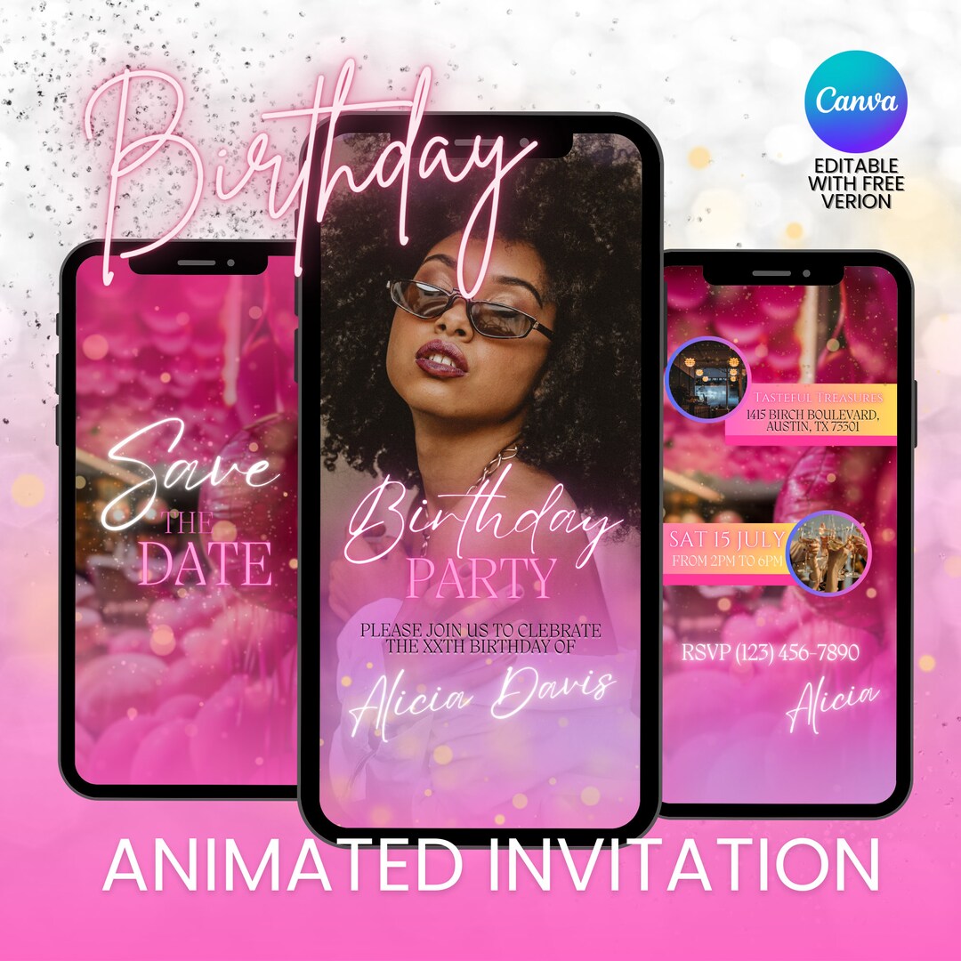 Pink Sparkle Digital Birthday Dinner Invitation Template Editable ...