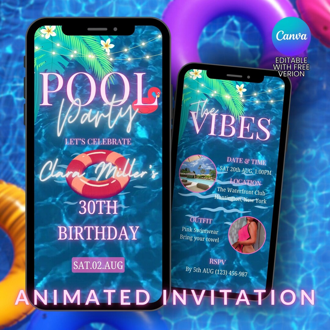 Pool Party Animated Birthday Celebrate Digital Invitation Template ...