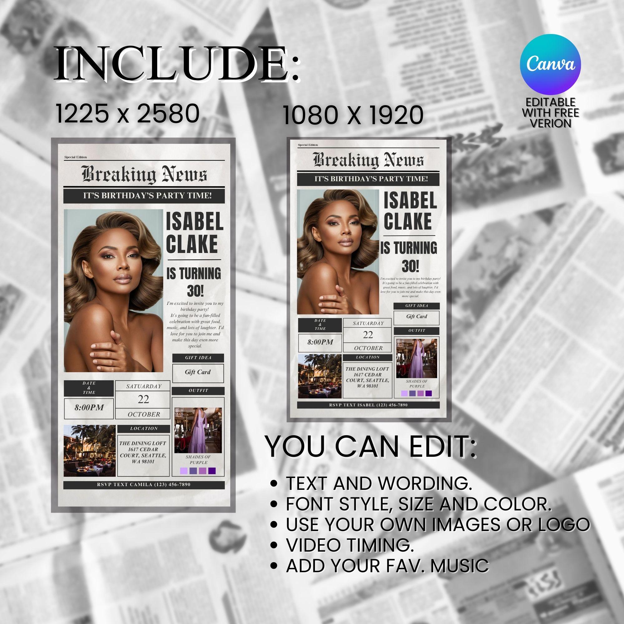 Digital Birthday Animated Invitation Party Newspaper Video Invitation ...