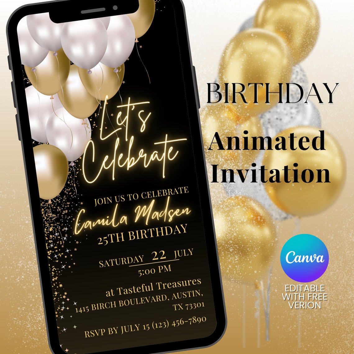 Gold Digital Celebrate Birthday Dinner Invitation Template Editable ...