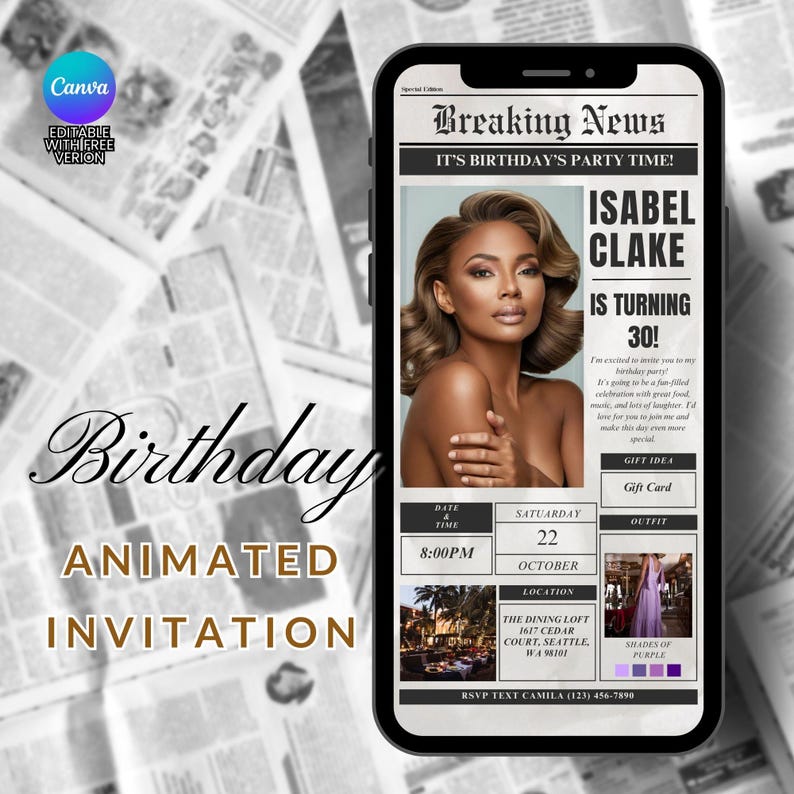 Digital Birthday Animated Invitation Party Newspaper Video Invitation ...