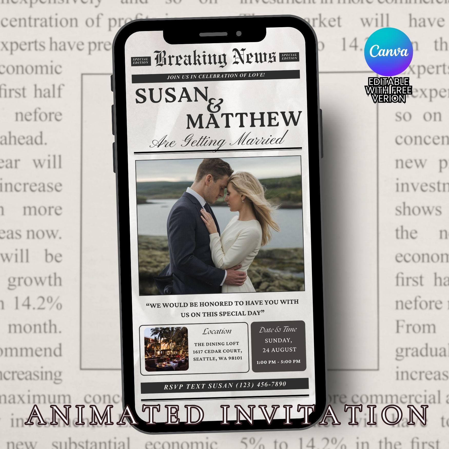Digital Wedding Newspaper Video Invitation Editable Animated Invitation ...