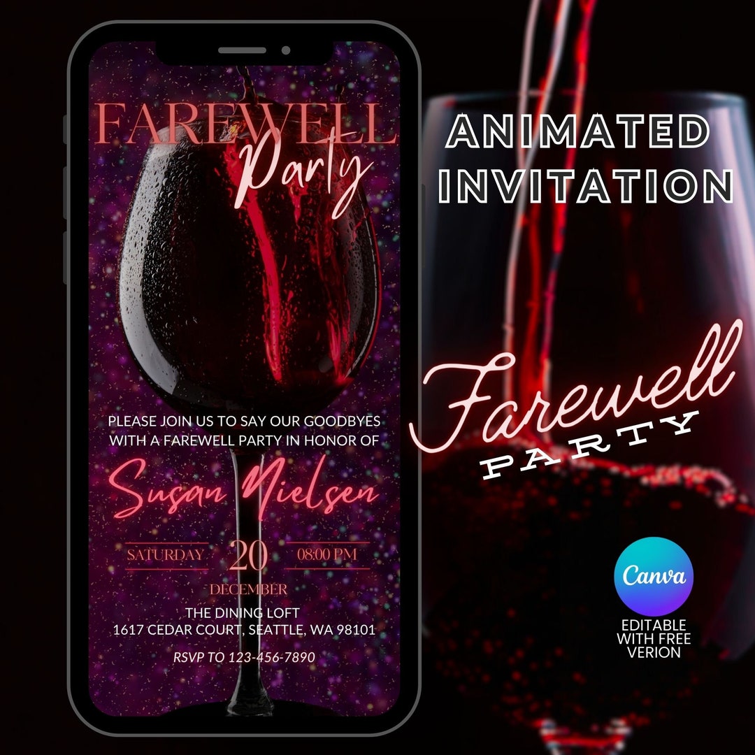 Red Wine Animated Farewell Party Digital Invitation Template Moving ...