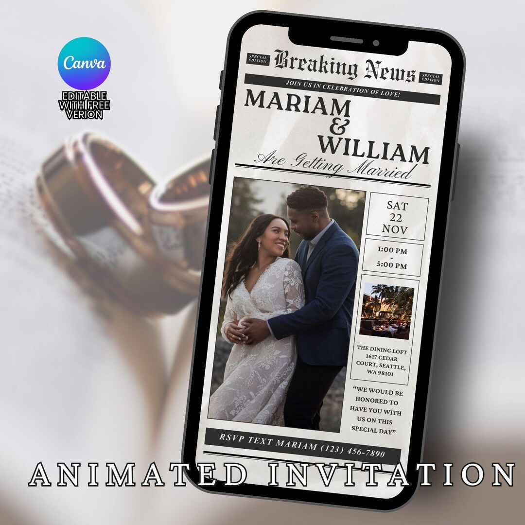 Vintage Wedding Newspaper Video Invitation Editable Animated Invitation ...