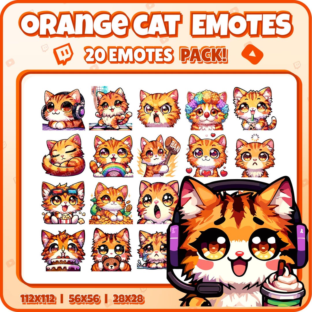 Orange Cat Pack X20 Emotes for Twitch and Discord, Cat Emotes, Cute Cat ...