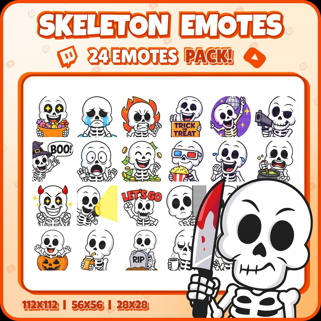 Skeleton Emotes – 24 Twitch & Discord Halloween Emotes – Funny Chibi ...