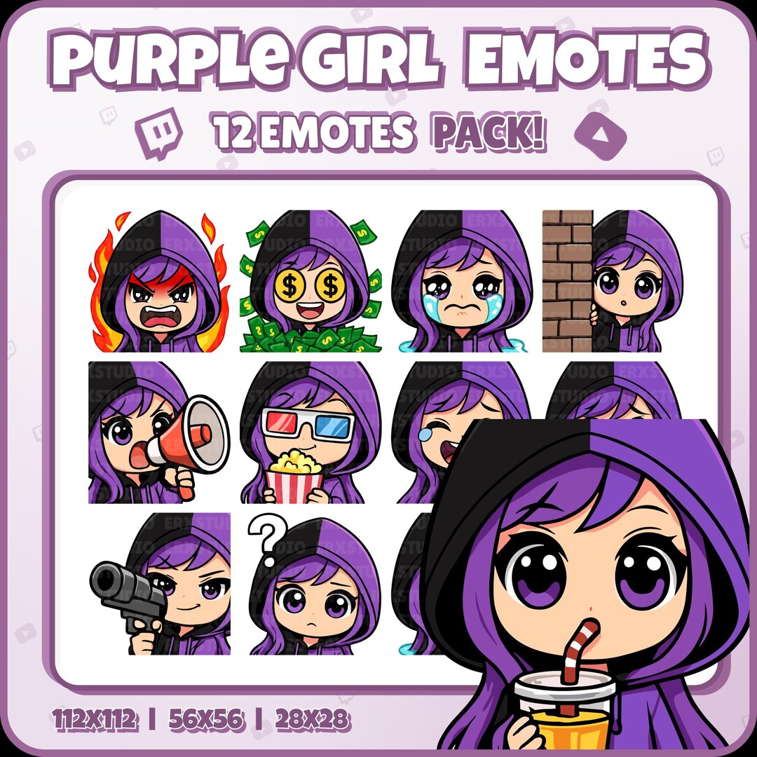 Purple Hoodie Girl Twitch Emotes – 12 Cute & Expressive Stream Emotes ...