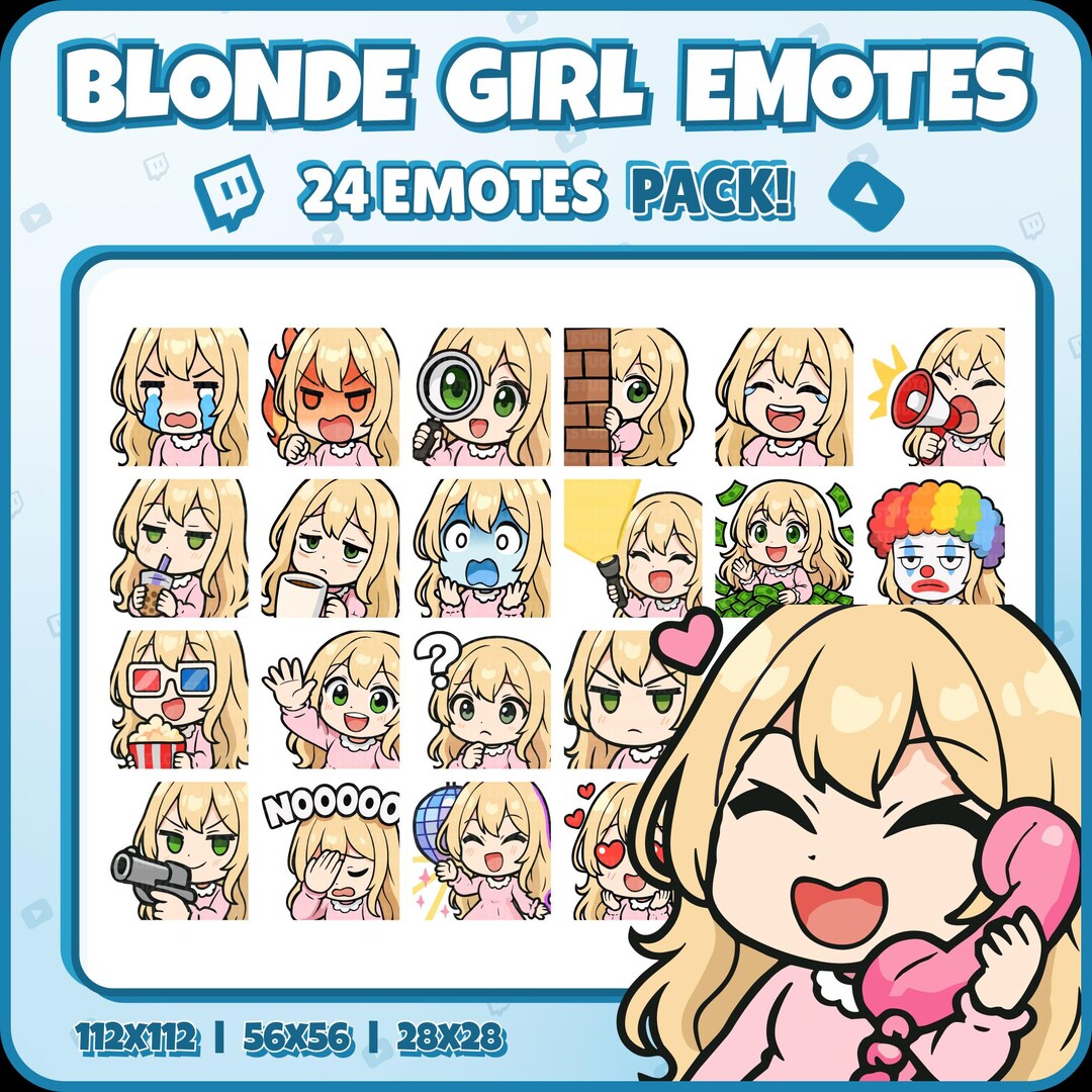 Blonde Girl Emotes – 24 Chibi Twitch & Discord Emotes – Kawaii PNG ...