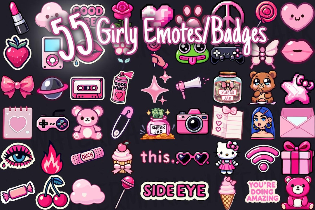 55 Girly Pack Emotes/badges for Twitch and Discord, Pink Emotes, Girl ...