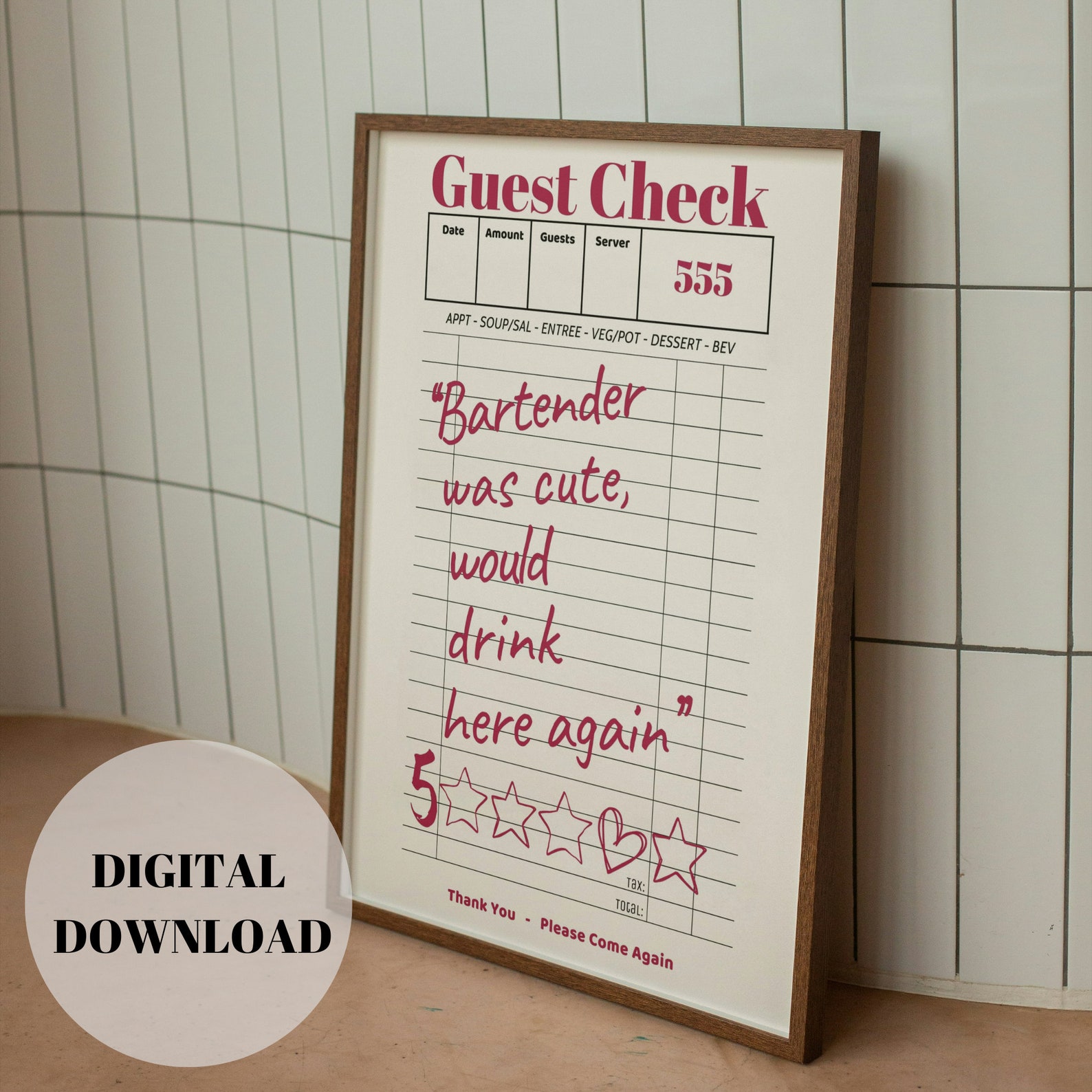 Retro Bartender Guest Check Poster: Funny Bar Art (digital Download) - Etsy