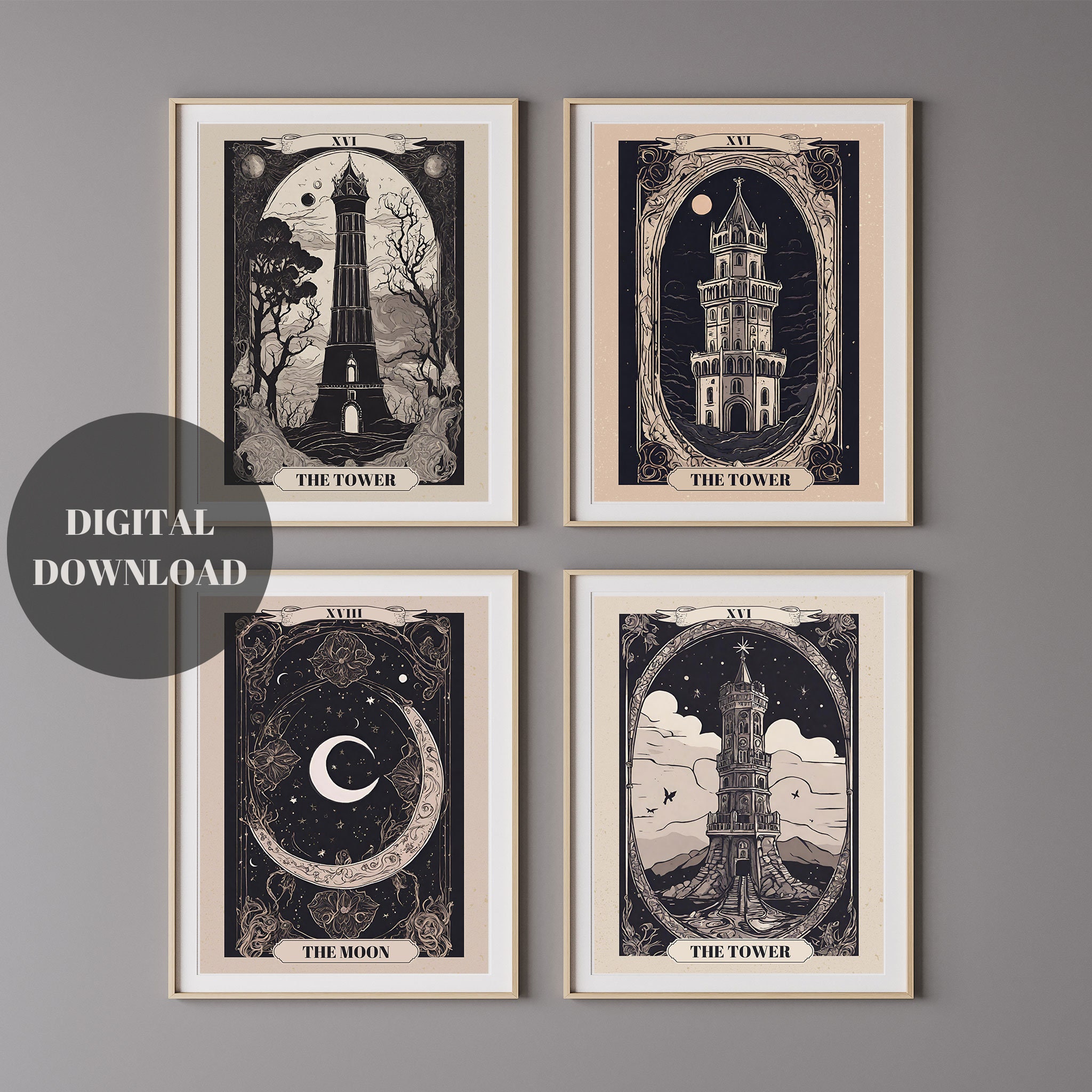 Gothic Tarot Card Set of 4, Tarot Cards, the Moon Tarot Card, the Tower ...