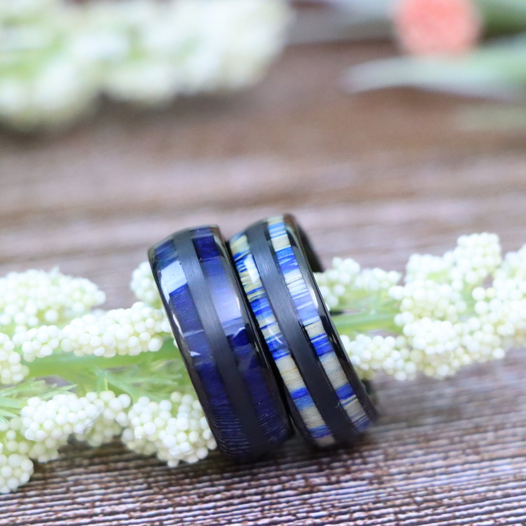Unique Bamboo Tree Inlay Black Dome Wedding Ring, Men's Anniversary ...