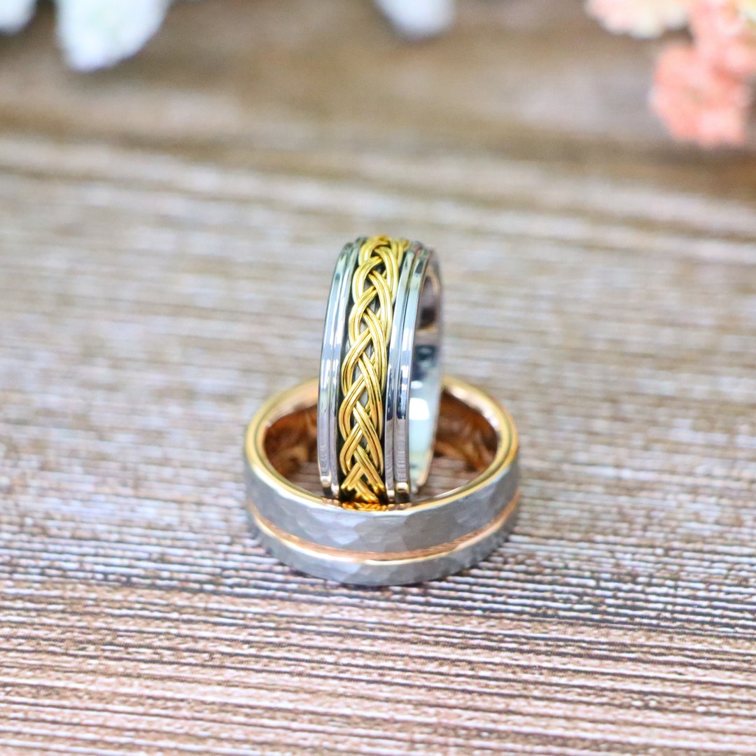 Gold Braided Rope Inlay Tungsten Rings, 8mm Silver Tungsten Ring ...