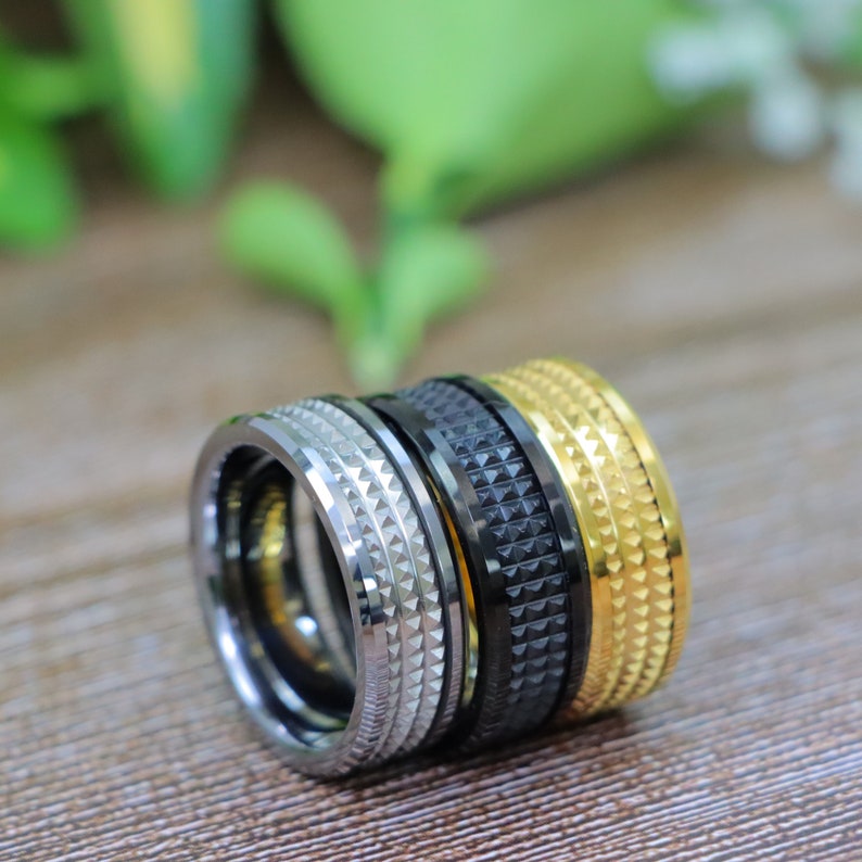Gold IP Tungsten Jagged Center 8mm Ring Men's Unique Engagement Ring ...