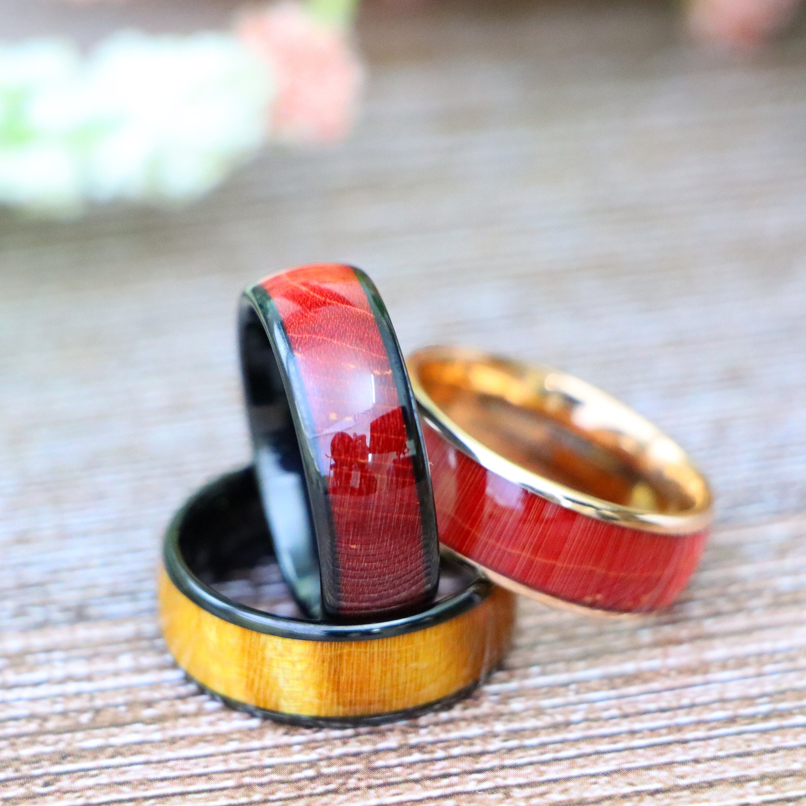 Burgundy Hue Solidified Wood Rose Gold Tungsten Ring for Men ...