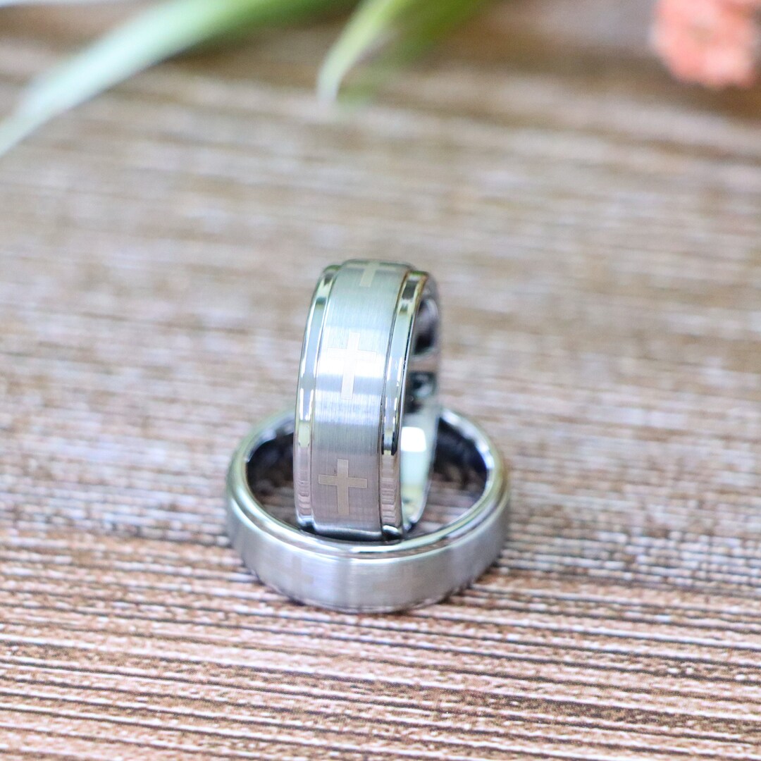Couples Matching Christian Cross Bands, Tungsten Stepped Edge Wedding ...