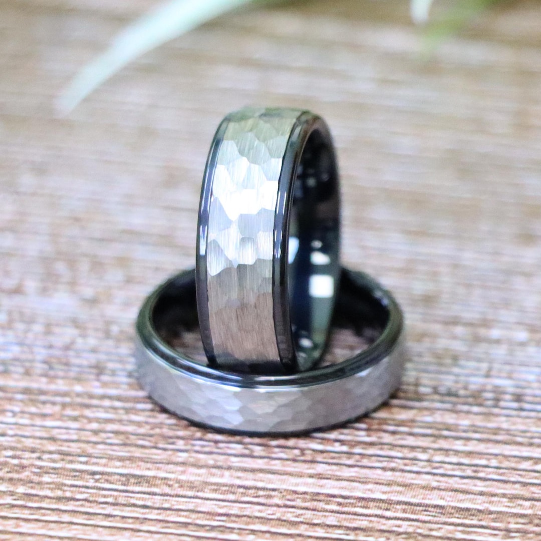 Black and Gun Metal Ring, Hammered Brushed Wedding Ring, Mens Wedding ...