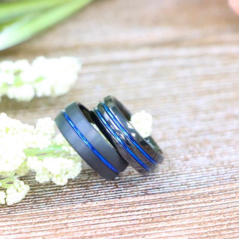Black Tungsten Ring With Blue Line Inlay, Men's Engagement Ring ...