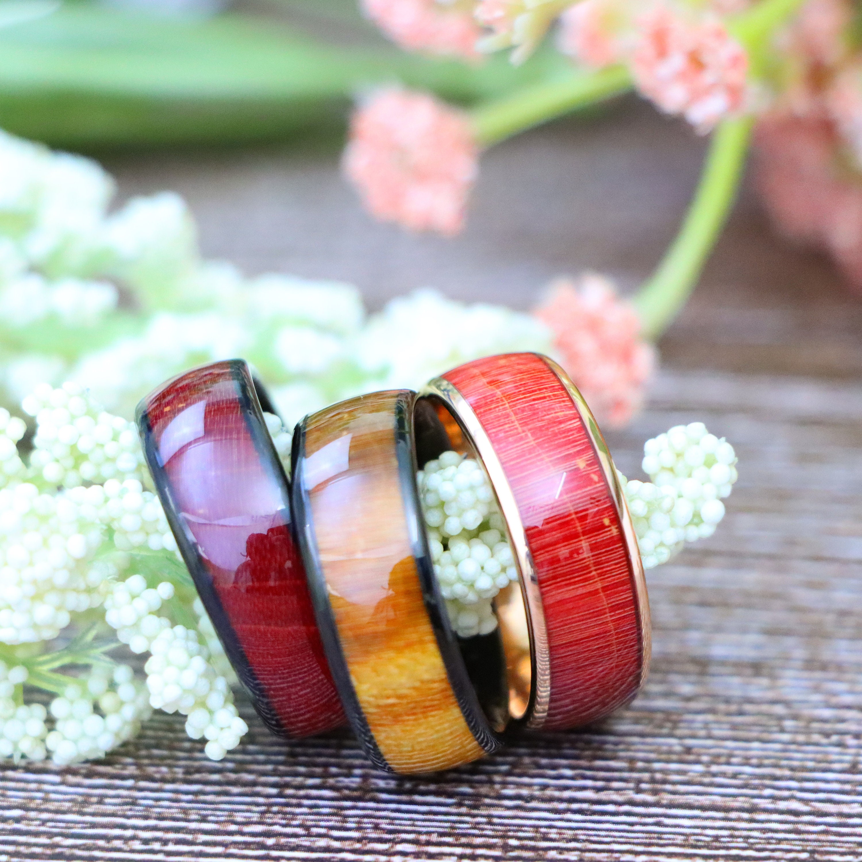 Burgundy Hue Solidified Wood Rose Gold Tungsten Ring for Men ...