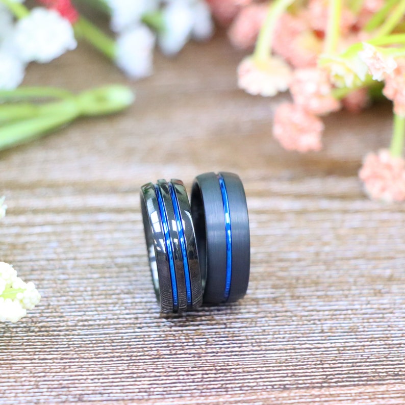 Black Tungsten Ring With Blue Line Inlay, Men's Engagement Ring ...