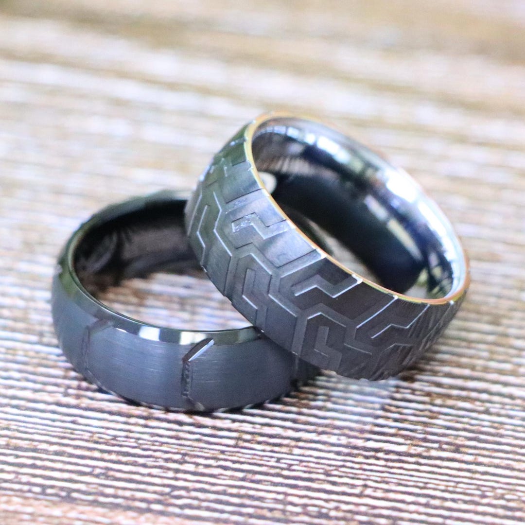 Laser Engraved Ring, Men's Black Tire Tread Wedding Rings, Mens Wedding ...
