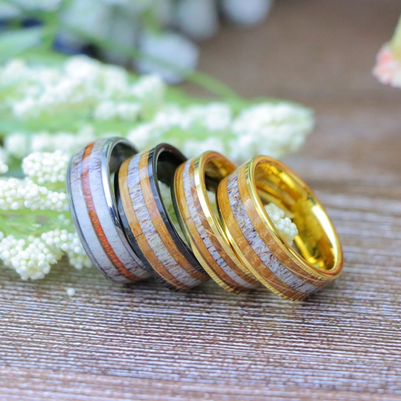 Thin Whiskey Barrel Strip Inlay Wedding Bands, Deer Antler Ring, Men's ...