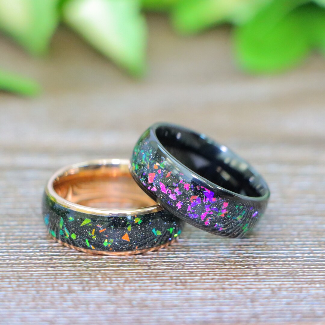 Abalone Wedding Ring, Crushed Opal Inlay Black Tungsten Men's Wedding ...