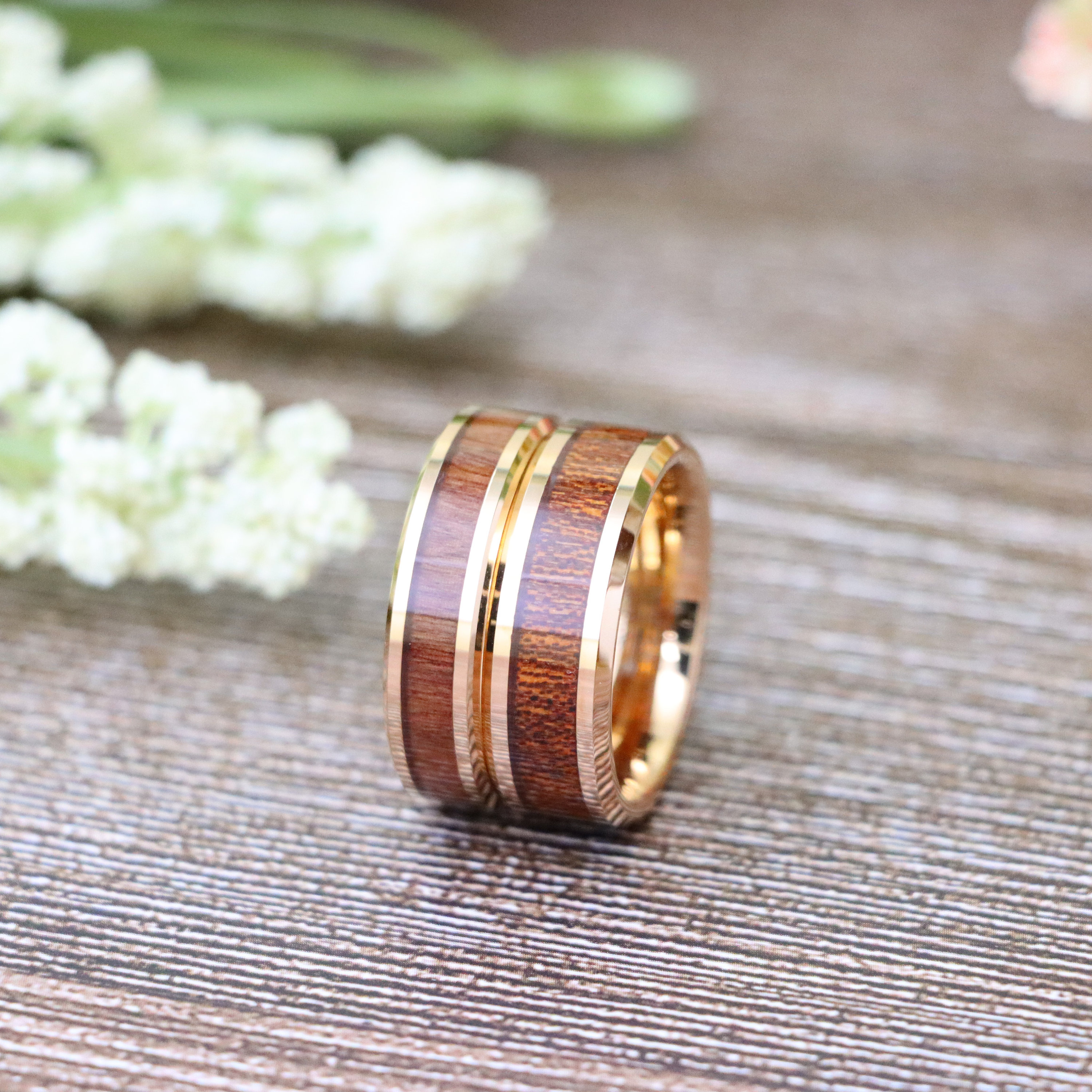 Hawaiian Koa Wood Inlay Center Ring, Mens Rose Gold Wedding Ring, 6mm ...