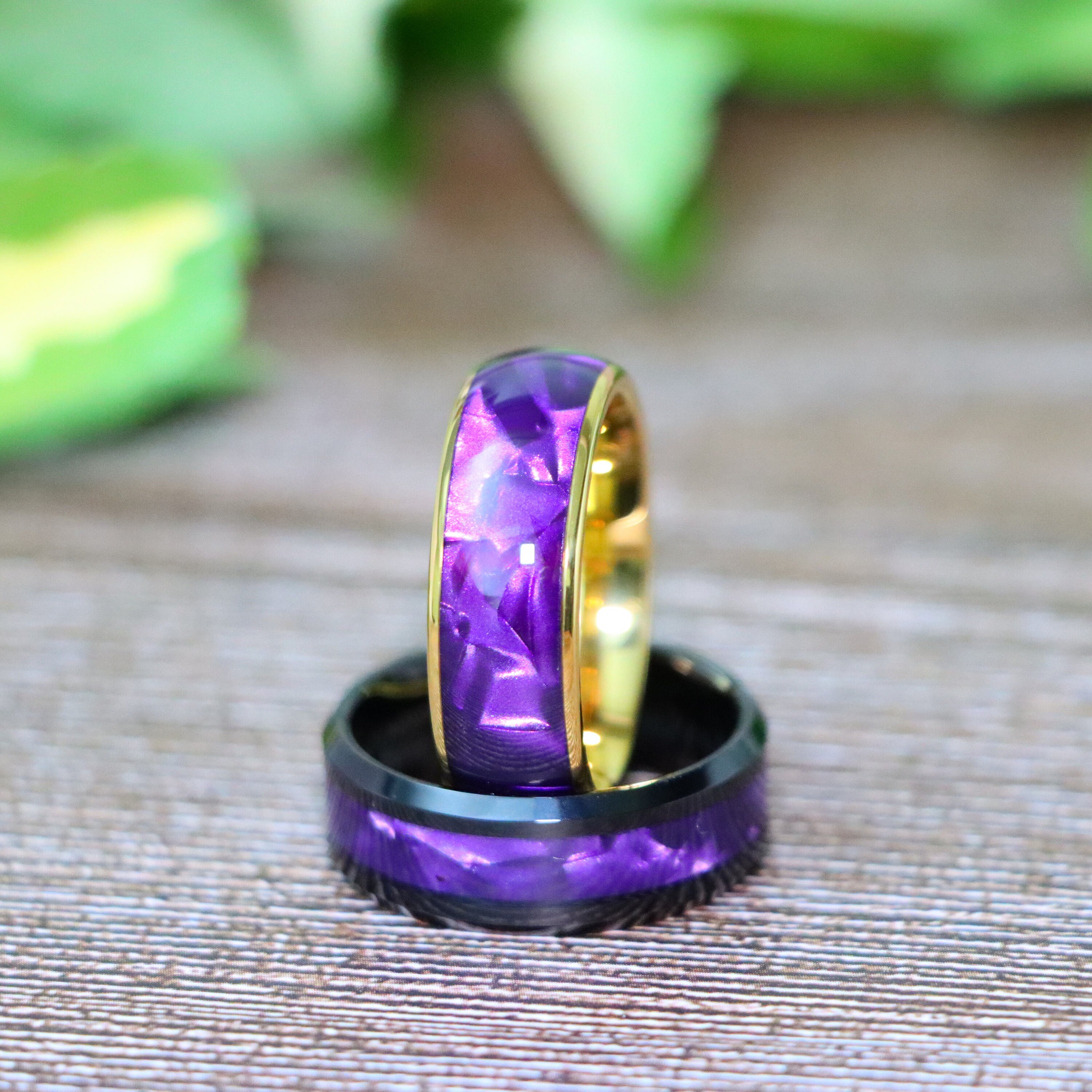 Tungsten Ring, Purple Cowrie Pattern Inlay Ring, Gold Tungsten Wedding ...