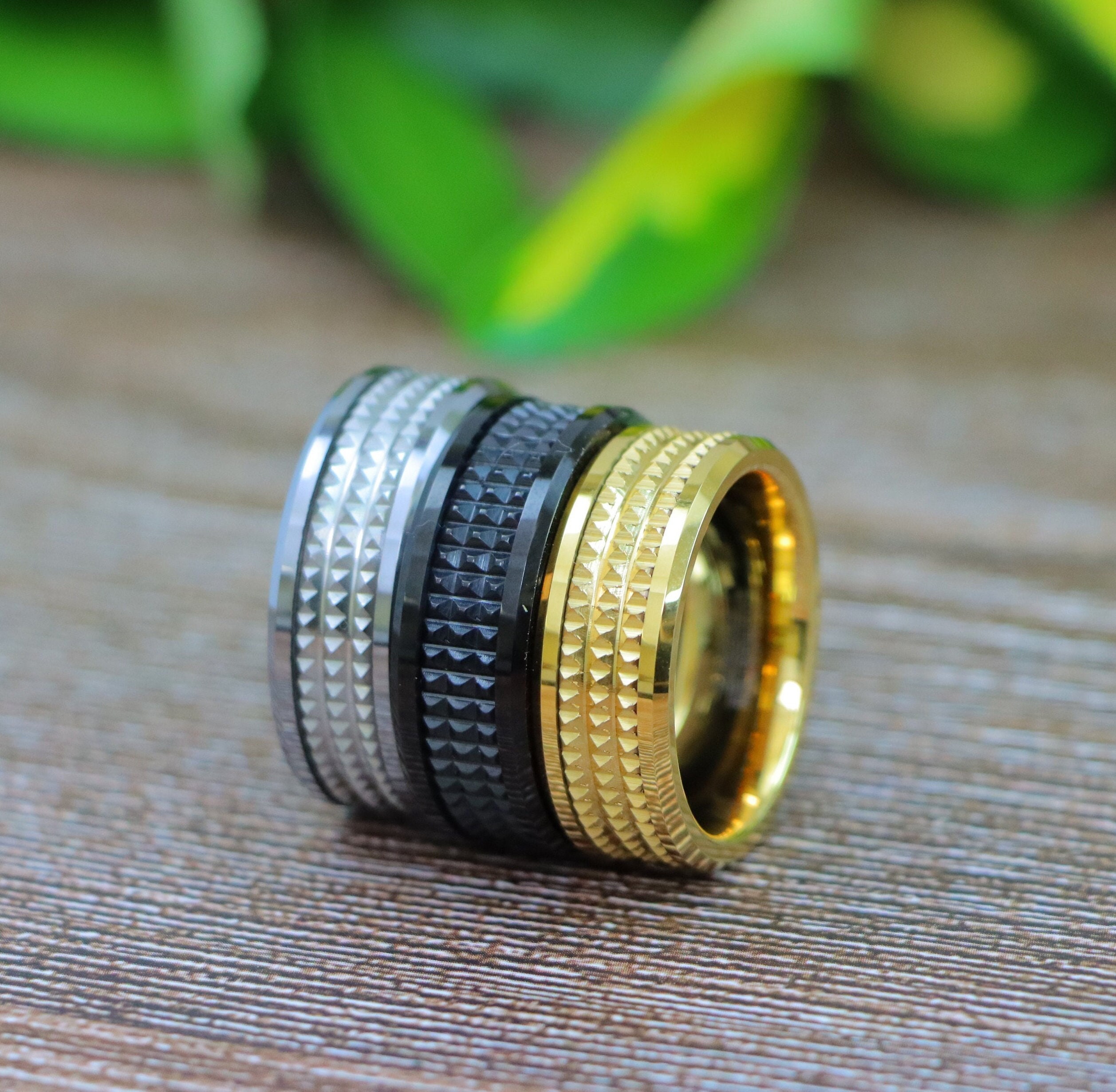 Gold IP Tungsten Jagged Center 8mm Ring Men's Unique Engagement Ring ...