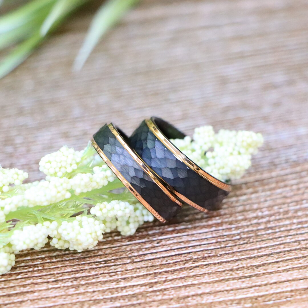 Black IP Rose Gold IP Stepped Edge Hammered Center Tungsten Wedding ...