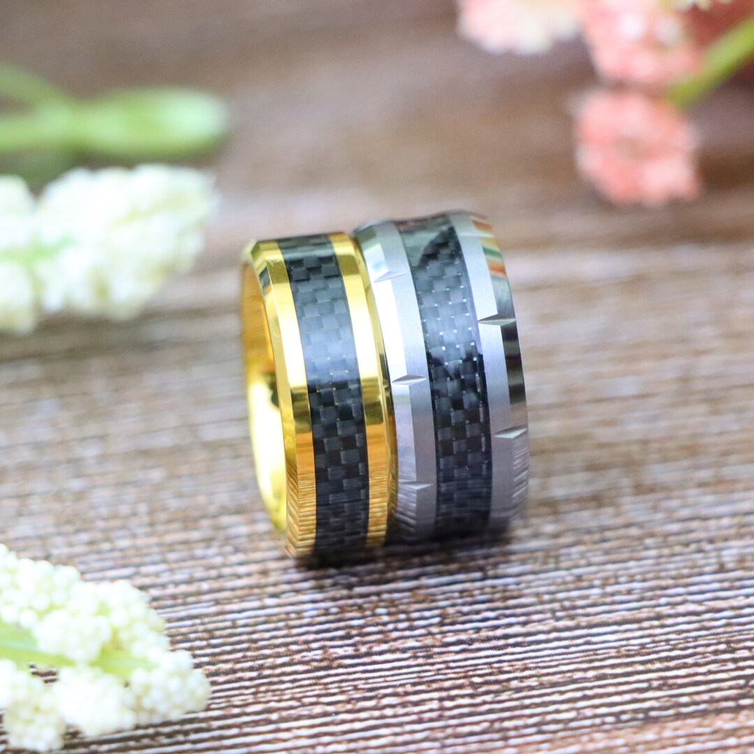 8mm/10mm Silver & Gold Tungsten Wedding Band Black Carbon Fiber Inlay ...