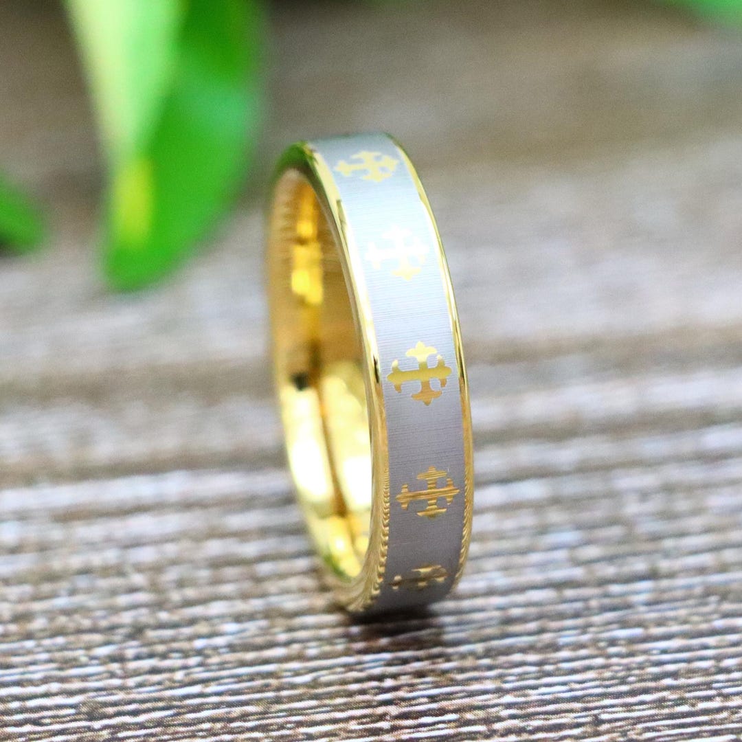 Christian Cross Ring, Personalized 5mm Gold Tungsten Wedding Ring ...