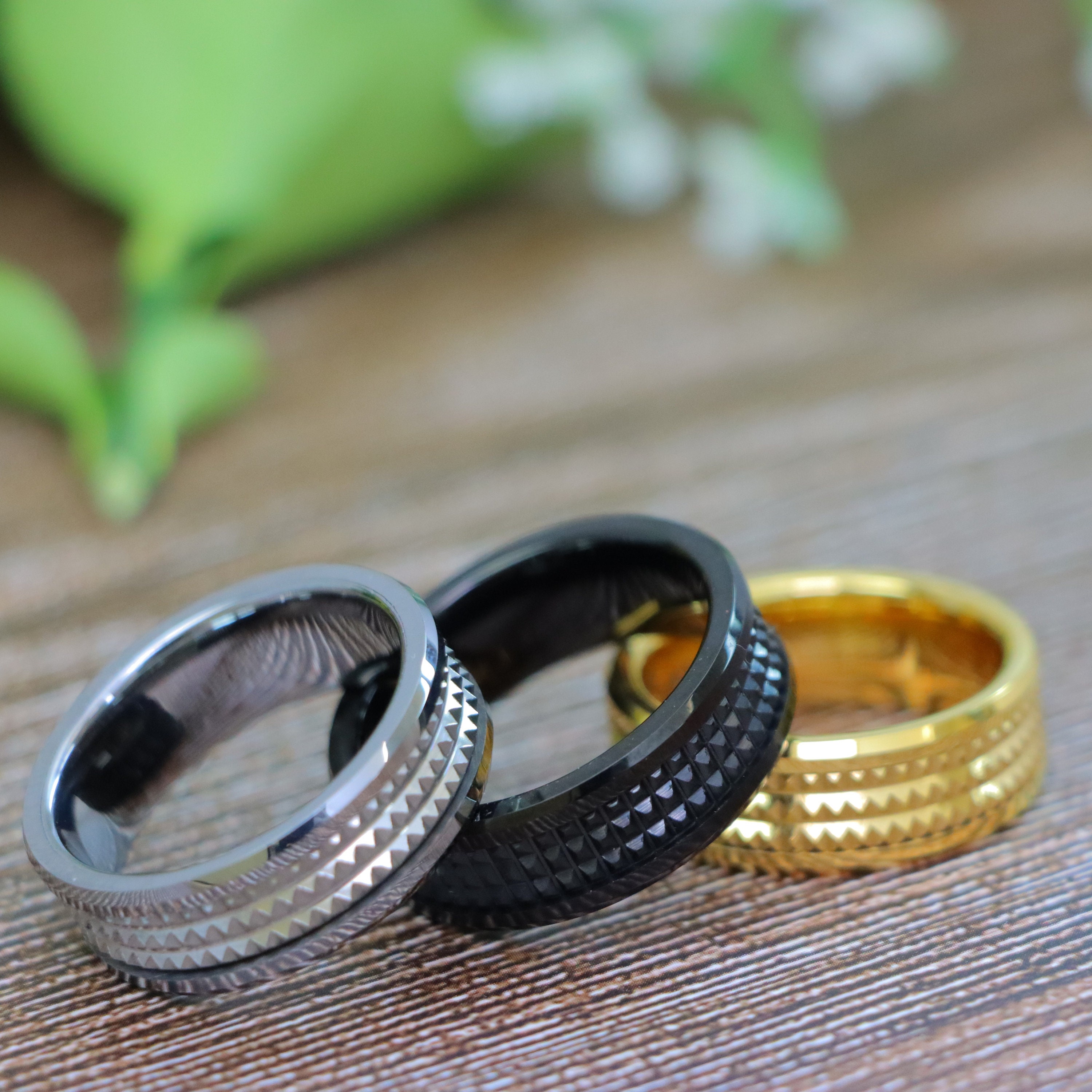 Gold IP Tungsten Jagged Center 8mm Ring Men's Unique Engagement Ring ...