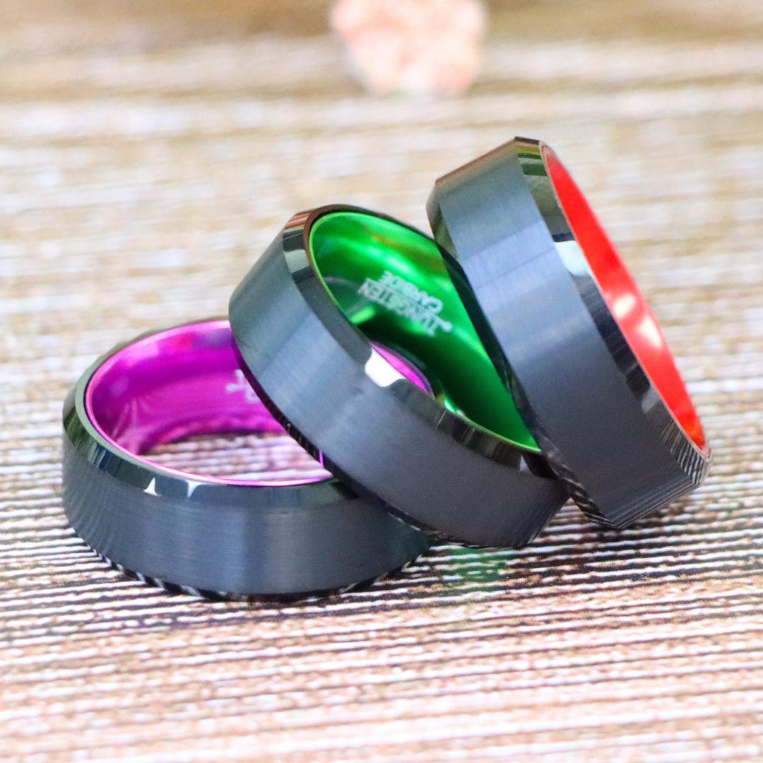 Black and Red Wedding Band, 8mm Engagement Ring, Brushed Black Tungsten ...