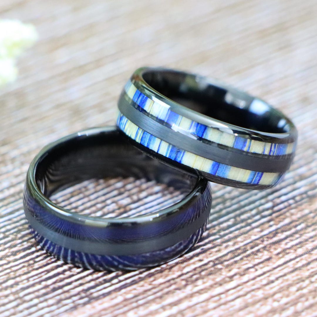 Unique Bamboo Tree Inlay Black Dome Wedding Ring, Men's Anniversary ...