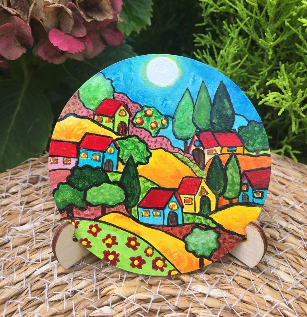 Summer in the Village, Round Art, Mini Painting on Canvas, Colorful ...