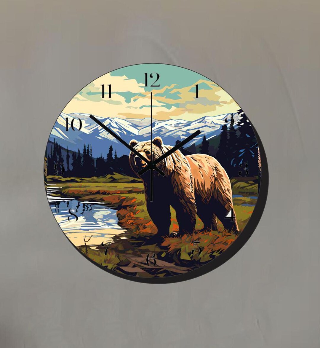 Yellowstone Park Grizzly Bear Art Wall Clock Painting Time Piece Wall ...