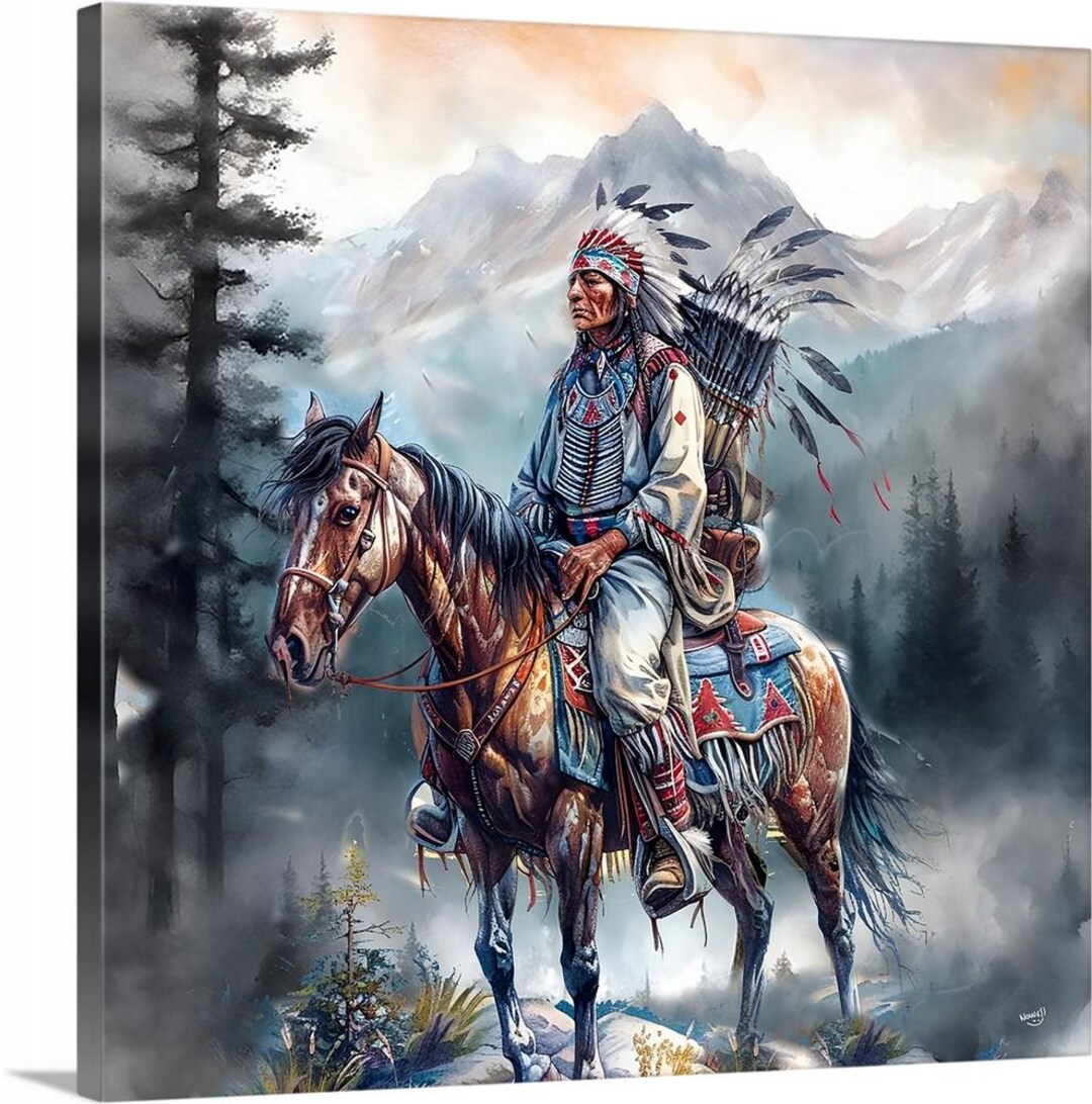 Native Indian Sioux Scouting for Buffalo Painting in Full Headdress Art ...